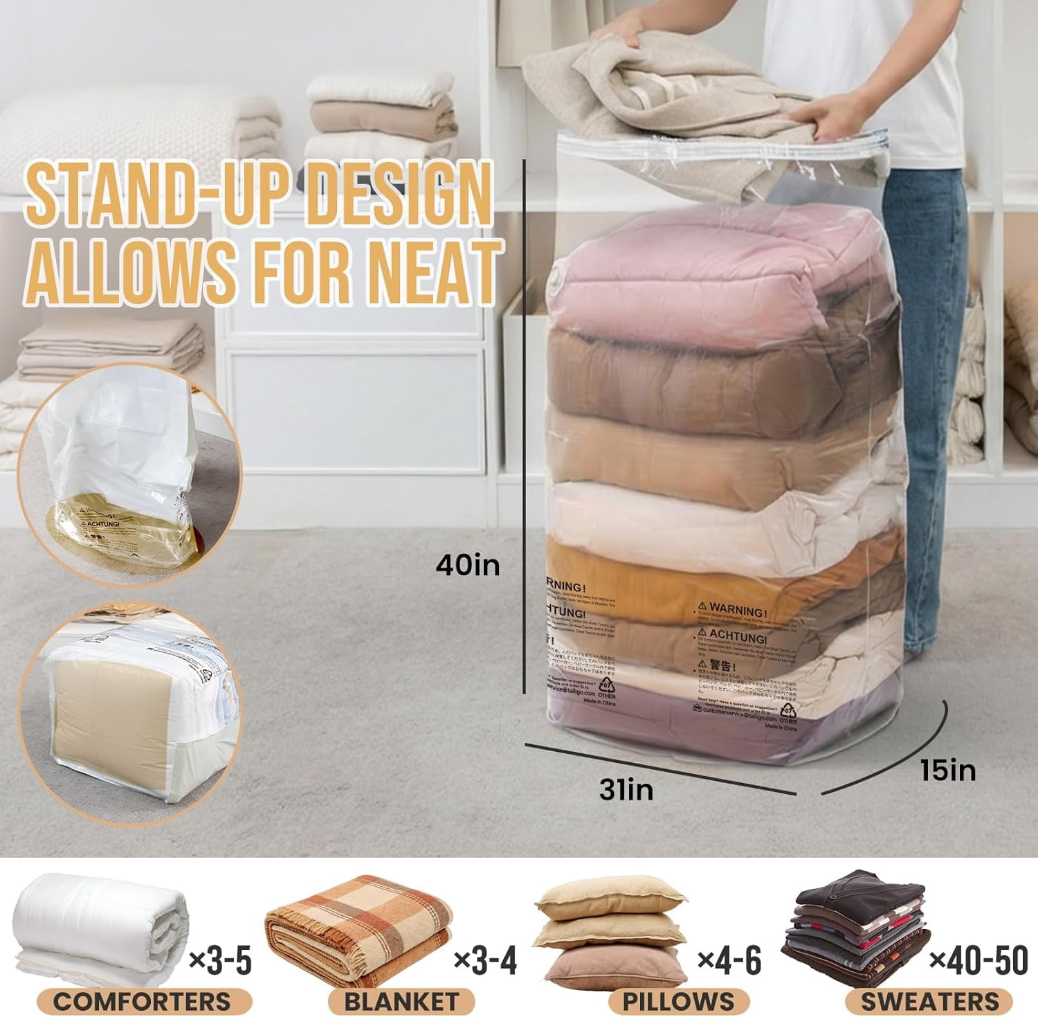 12 Pack Jumbo Vacuum Storage Bags, XL Large Space Saver Cube Bags ...