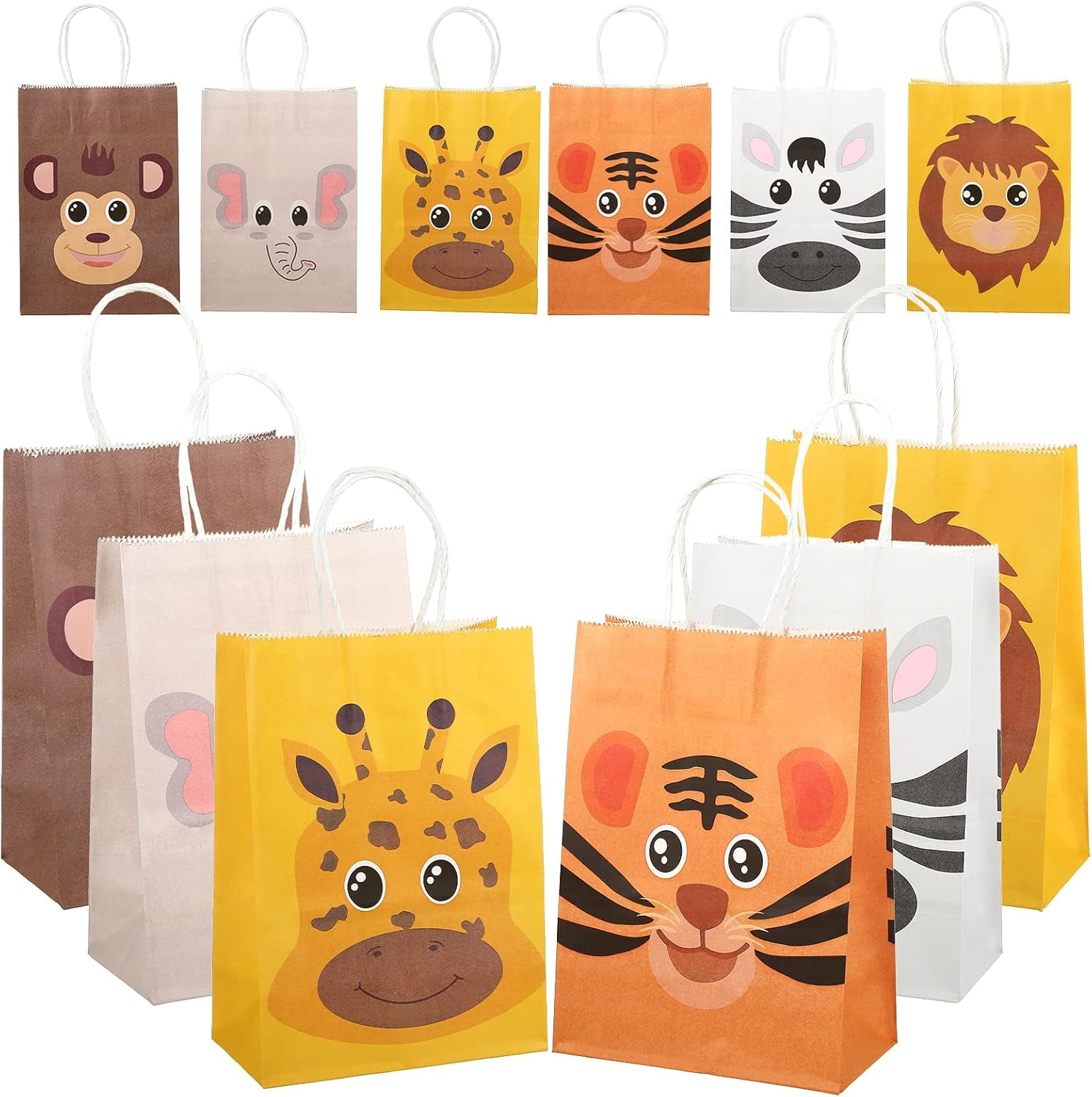 12 Pack Jungle Animal Themed Candy Goodie Bags, Kraft Paper Treat Bags ...