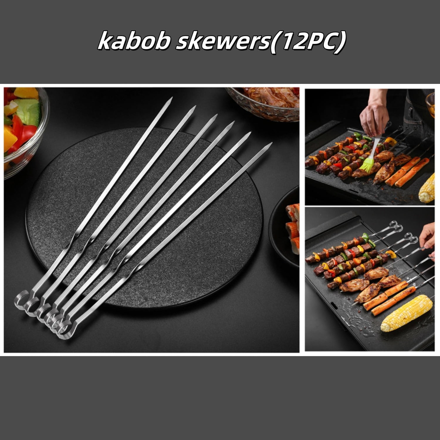 "12 Pack BBQ Kabob Skewers, 16"" Stainless Steel, Flat Metal, Reusable, for Meat & Vegetables ...