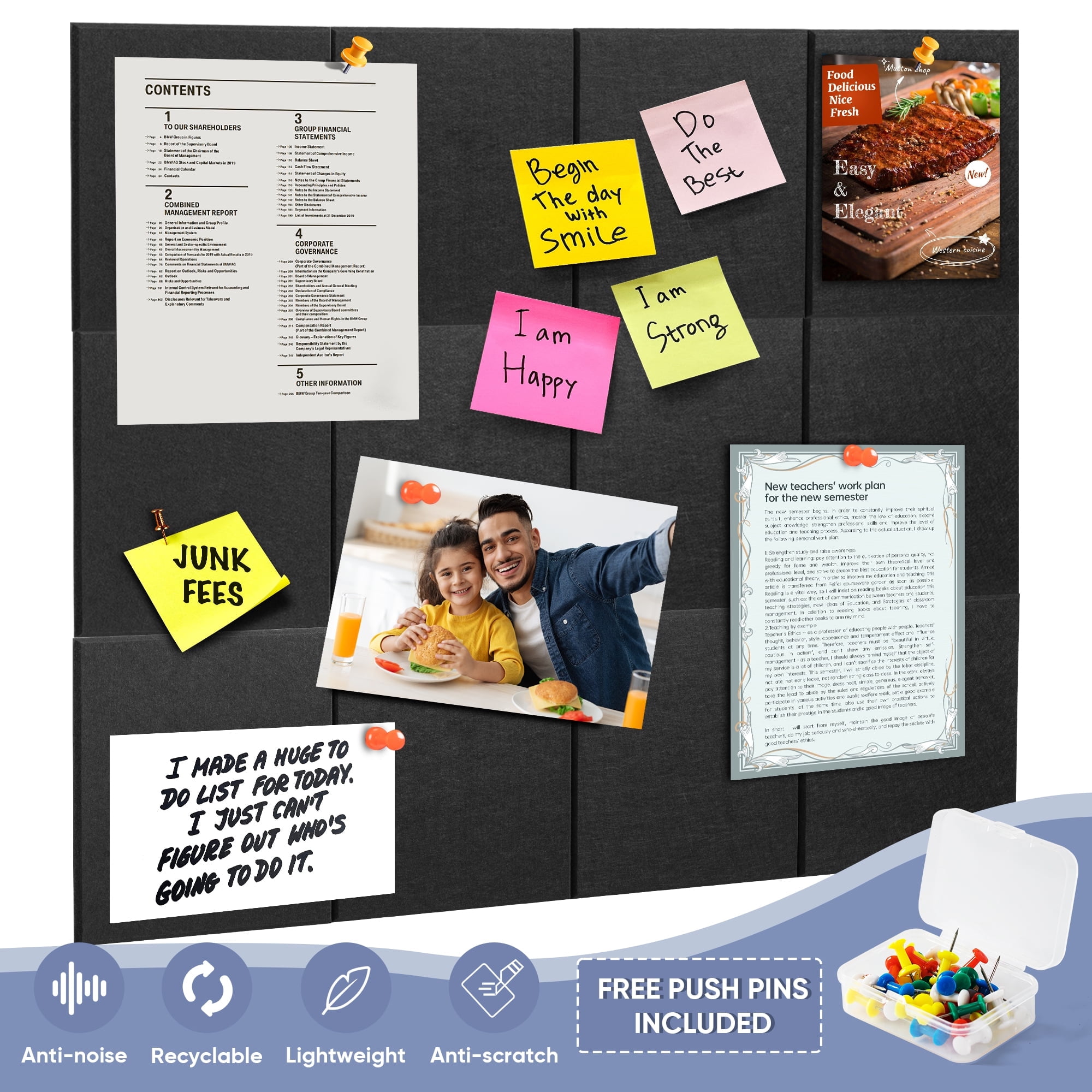 VUSIGN Large Cork Board for Wall 48" x 36", Black Bulletin Board, 12 ...