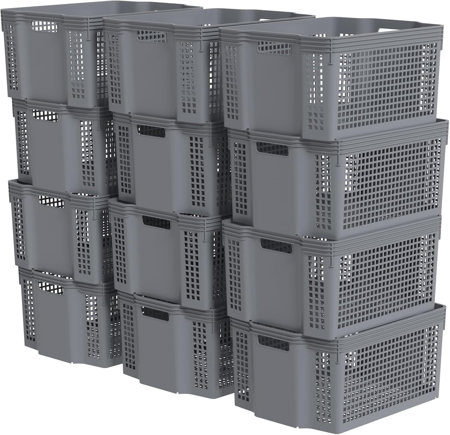 12 Pack Large Plastic Stackable Baskets Organizer, Grey Stacking ...