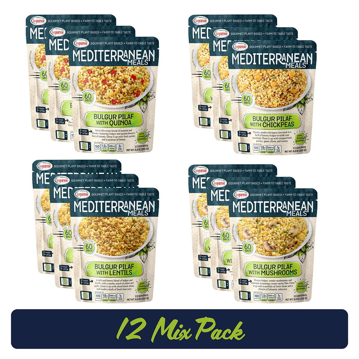 (12 Pack) Legurme Ready to Eat Bulgur Pilaf Mix (3 Quinoa, 3 Lentils, 3 ...