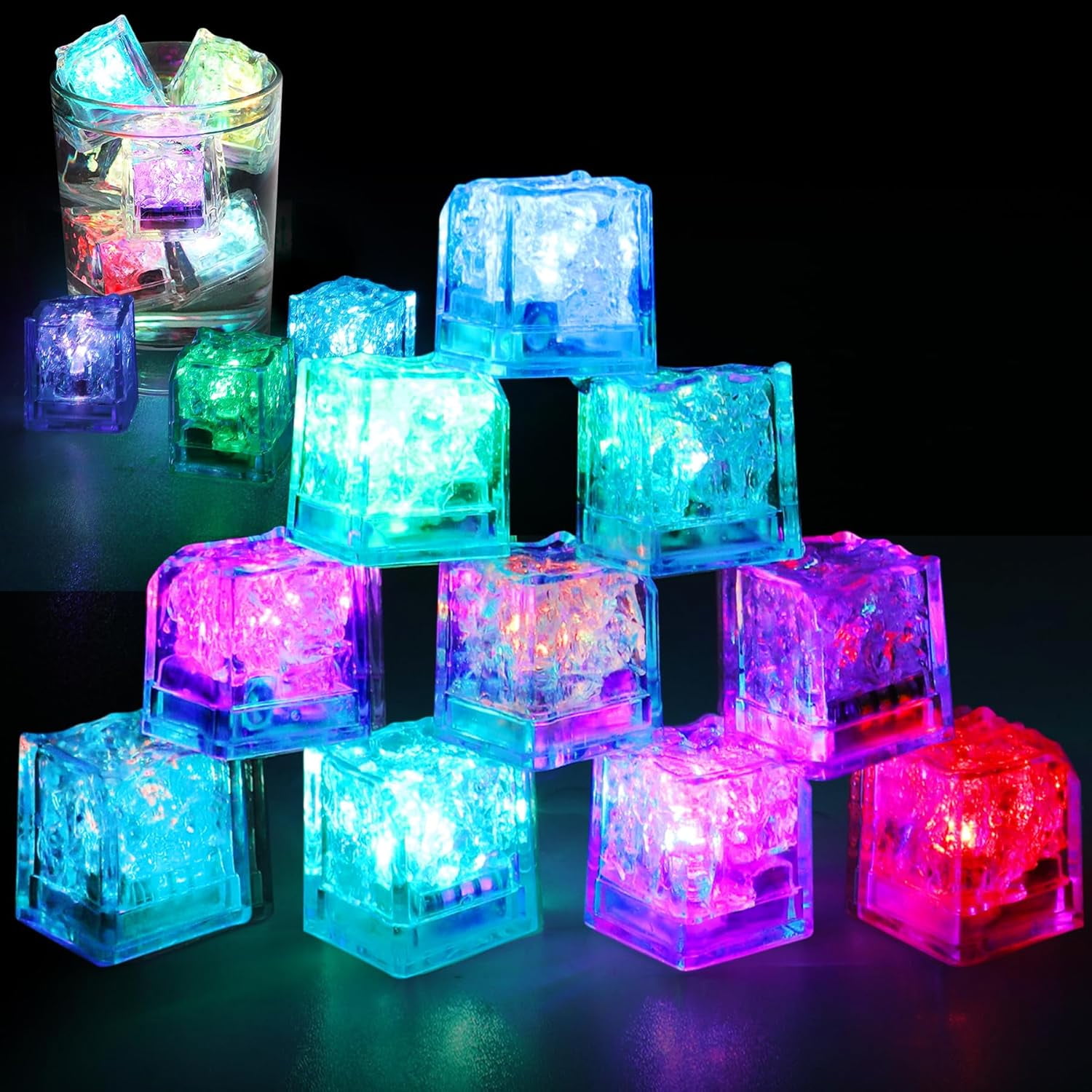 12 Pack Light Up Reusable Ice Cubes for Drinks, Waterproof Glowing ...