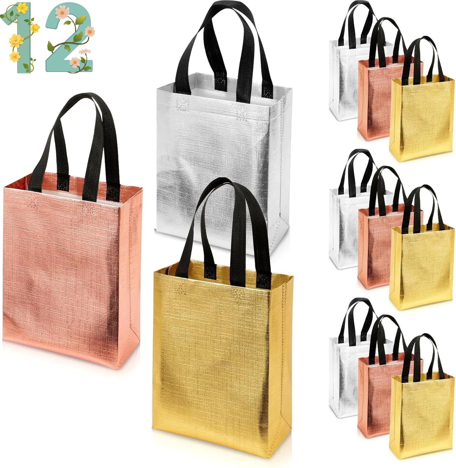 12 Pack Luxury Gift Bags, Gold Silver Rose Gold Shiny Party Bags Non ...