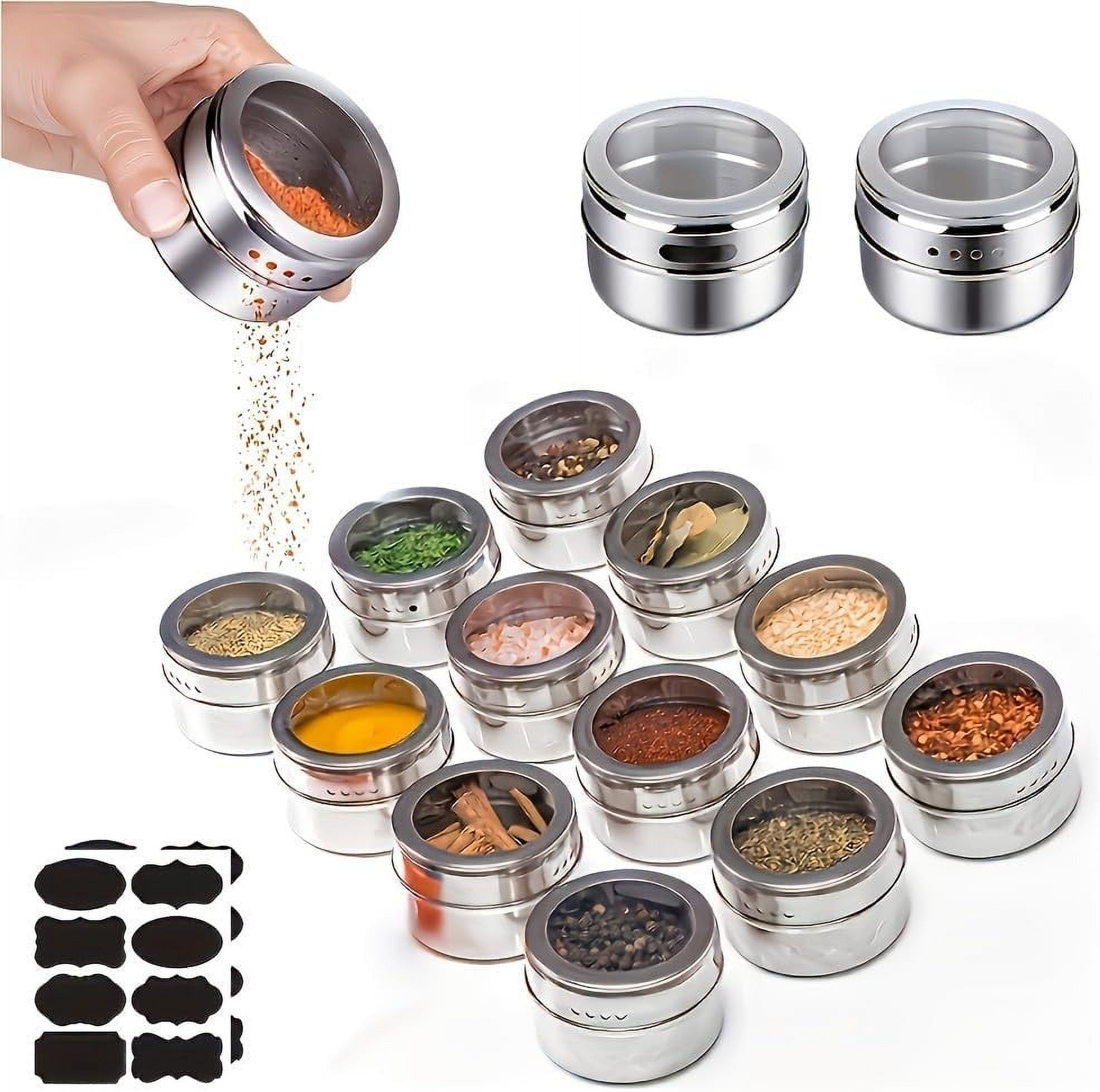 12-Pack Magnetic Stainless Steel Spice Jars with Clear Lid | 6.3x4.5cm ...