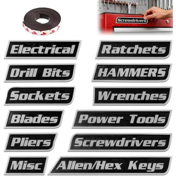 12 Pack Magnetic Tool Box Labels Set, 3D-Printed Reusable Tags for Steel Toolboxes, Carts ...