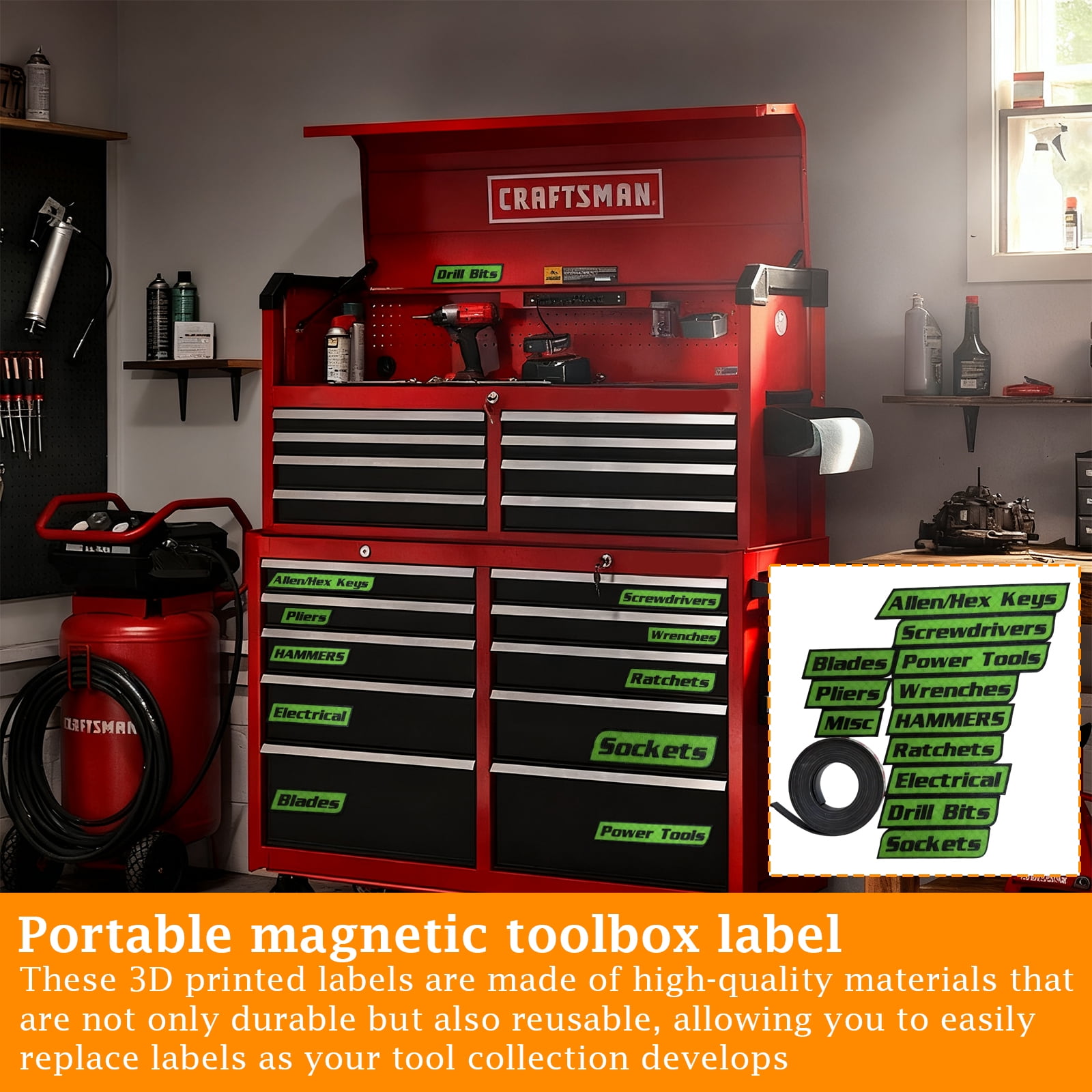 12 Pack of Magnetic Toolbox Labels, 3D Printed Reusable Organizer Tags ...