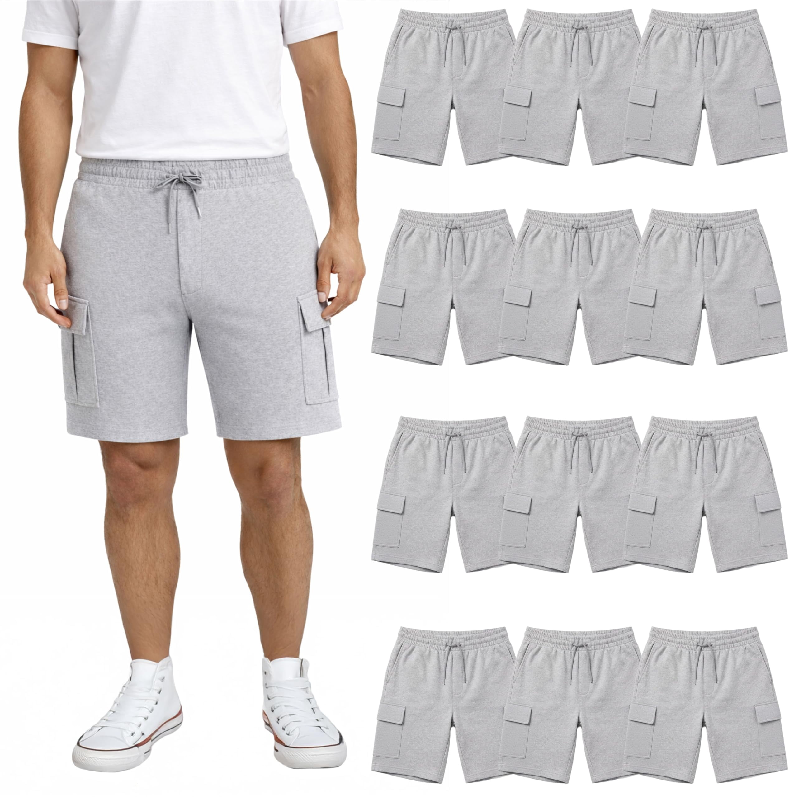 12-Pack Men's 5 Pocket Fleece Cargo Shorts, Cotton Blend Drawstring ...