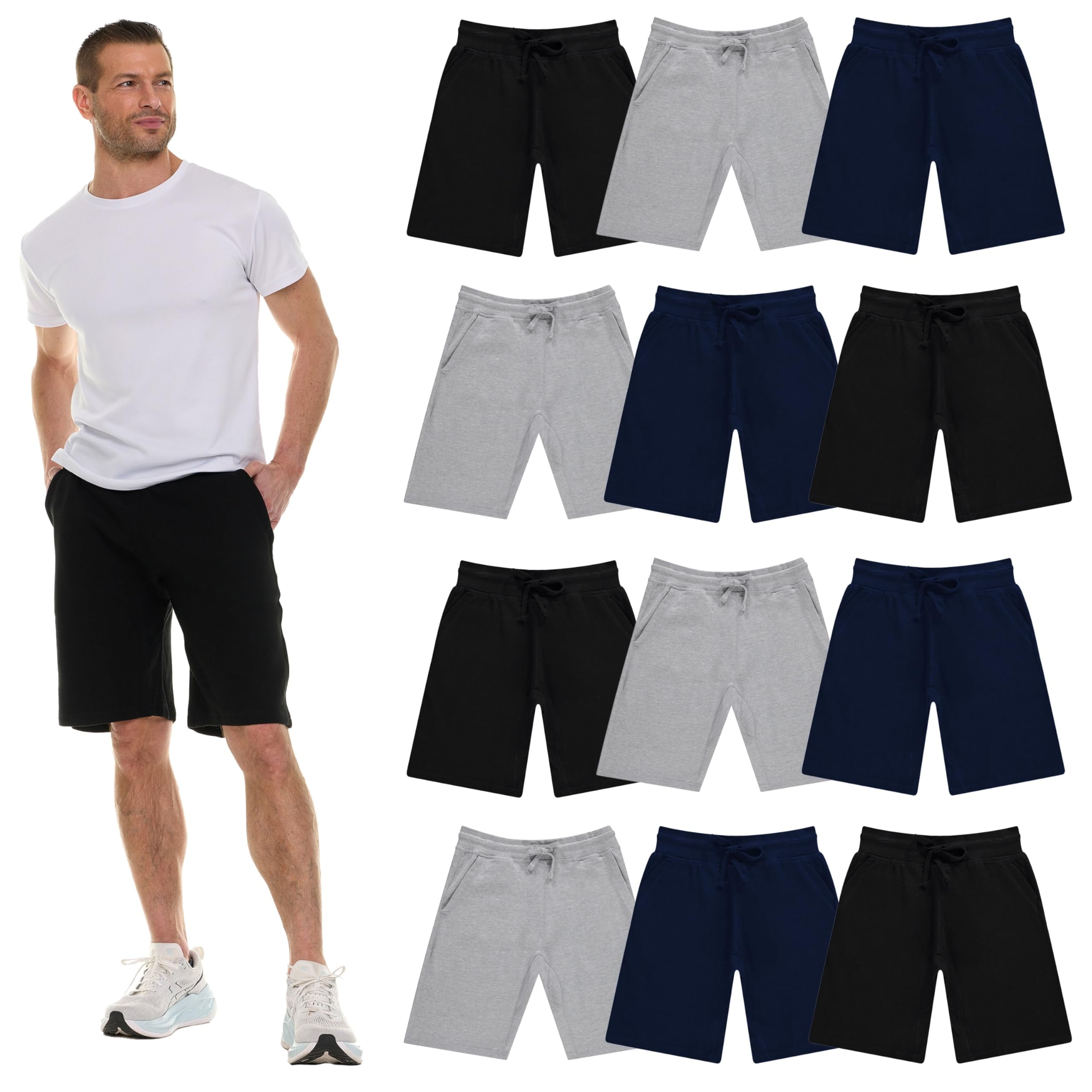 12 Pack Mens Fleece Lined Cotton Shorts, 11 Inch Casual Comfy Lounge ...