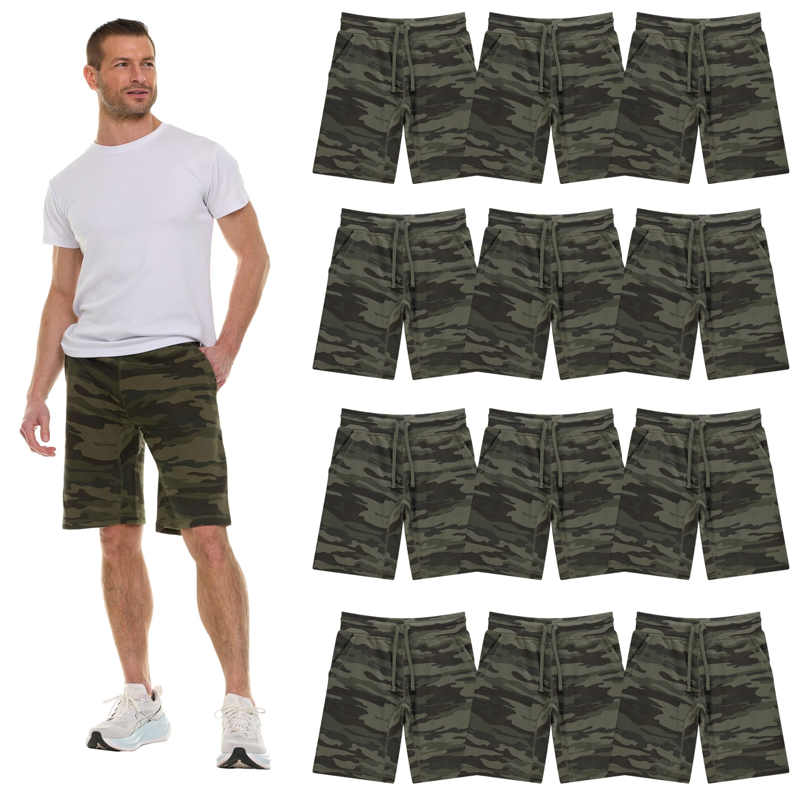 12 Pack Mens Fleece Lined Cotton Shorts, 11 Inch Casual Comfy Lounge ...