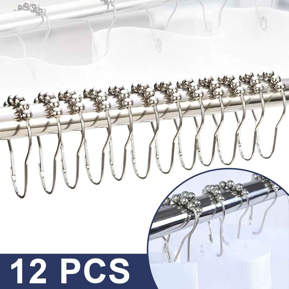 12 Pack Metal Shower Curtain Hooks Rings Double Glide Roller Set For ...