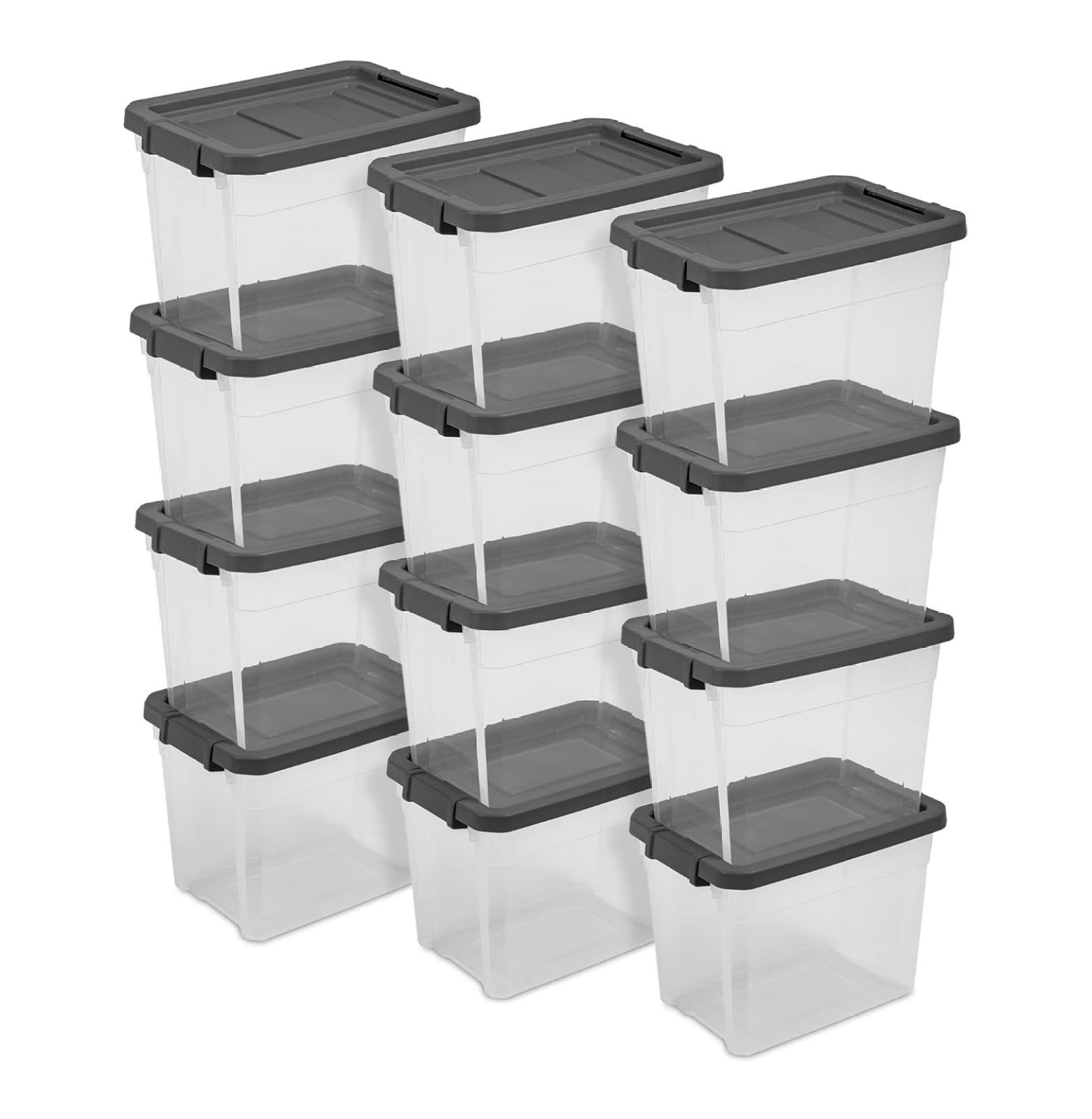 12-Pack Modular Stacker Box, Durable Clear Plastic with Latching Lids ...
