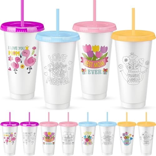 12 Pack Mother's Day DIY Plastic Coloring Cup for Kids 24 oz Mother's ...