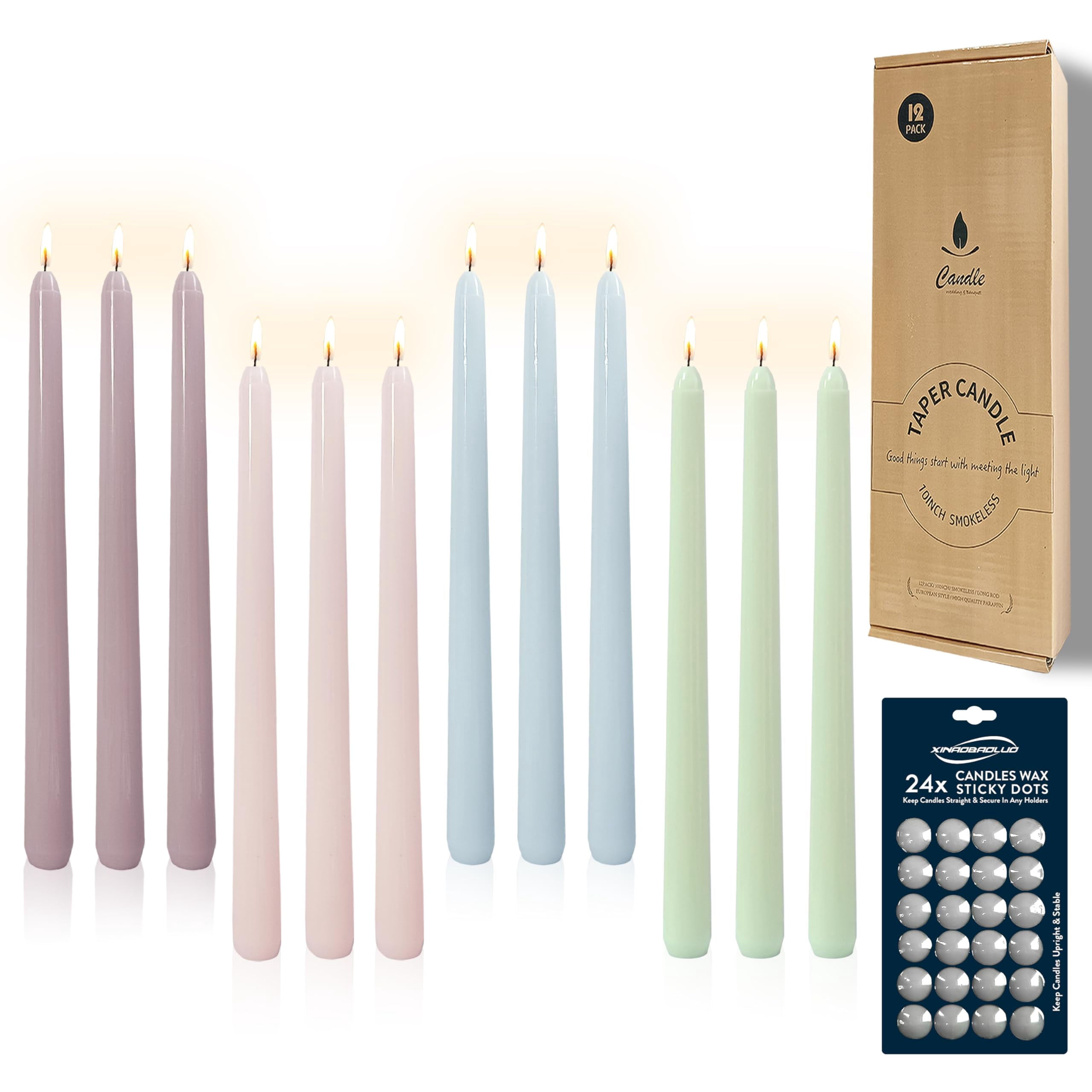 12 Pack Multi Color Taper Candles Set 10 Unscented Dripless Long ...