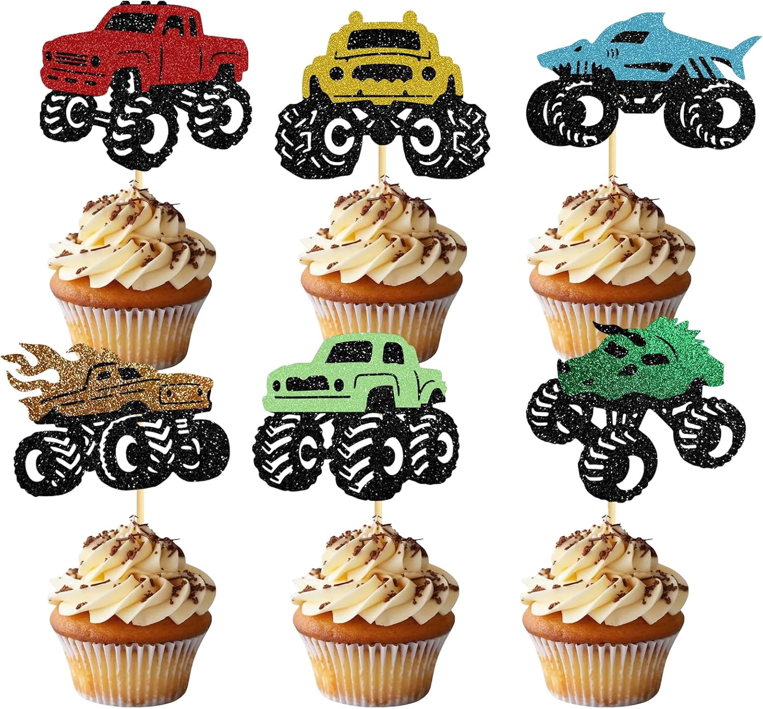 12 Pack Multicolor Glitter Monster Truck Cupcake Toppers, Off-Road ...