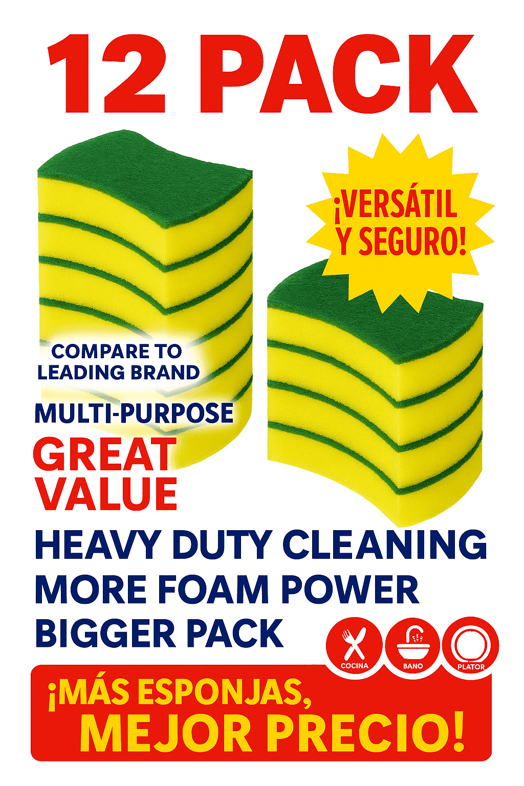 12 Pack Non-Scratch Scrub Sponges for Dishes, Heavy Duty Kitchen Sponge ...