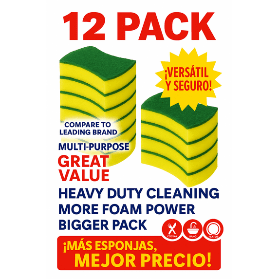 12 Pack Non-Scratch Scrub Sponges for Dishes, Heavy Duty Kitchen Sponge ...