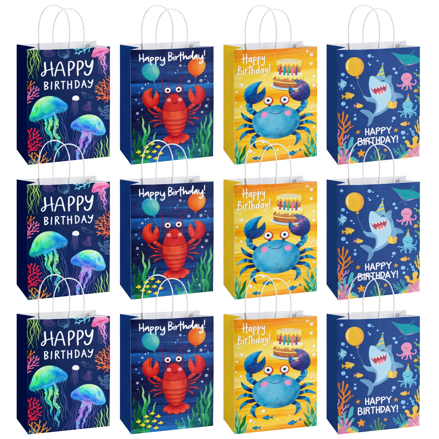 12 Pack Ocean Animal Birthday Gift Bags, Assorted Designs Medium Paper ...