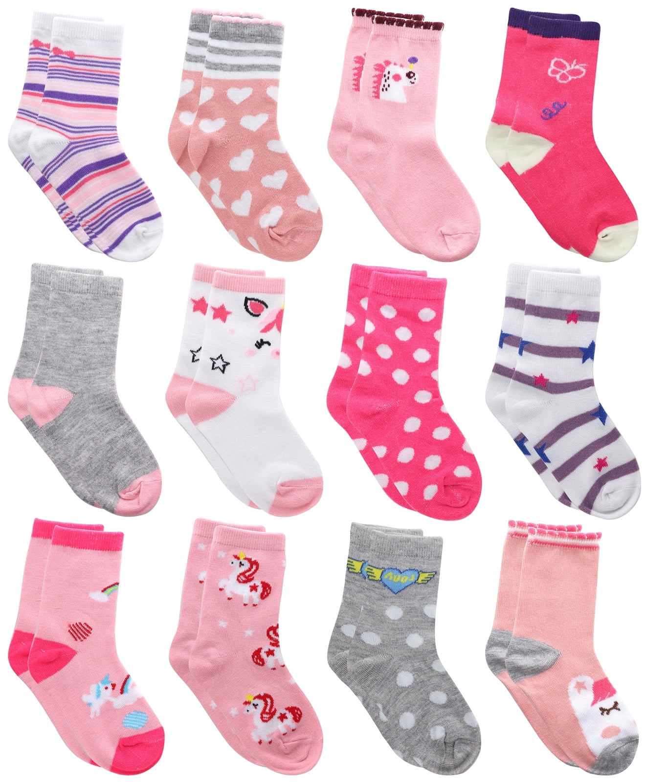 12-Pack Pink Assorted Pattern Girl Toddler Kids Cotton Crew Socks 80% ...