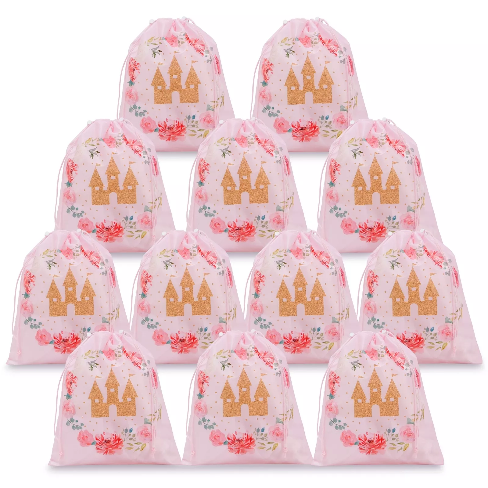 12-Pack Pink Drawstring Favor Bags, Girls Princess Birthday Party (10 x ...