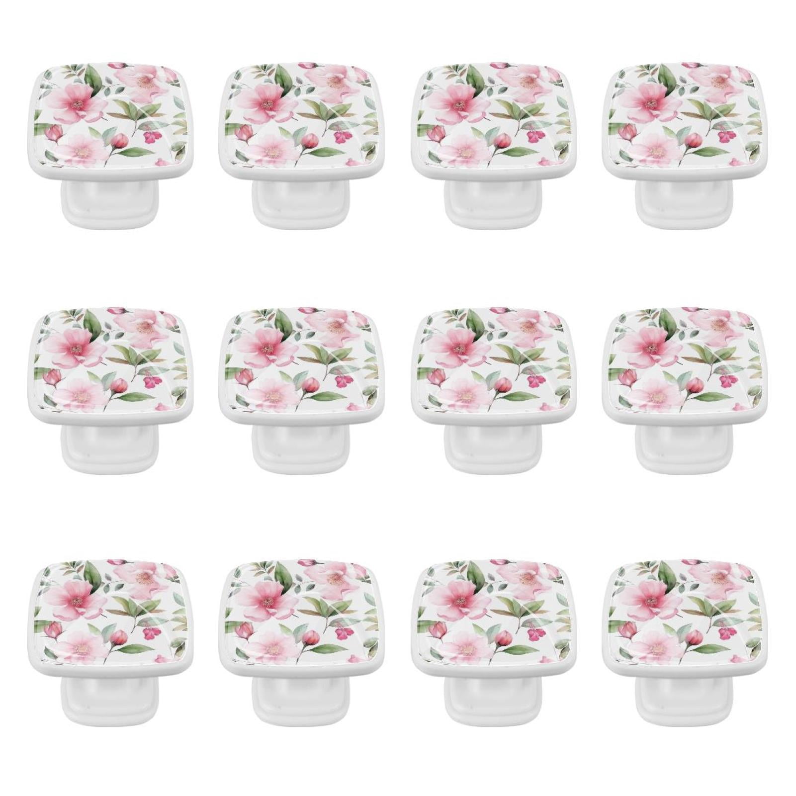 12 Pack Pink Flowers with Leaves Square Cabinet Knobs Kitchen Cabinet ...
