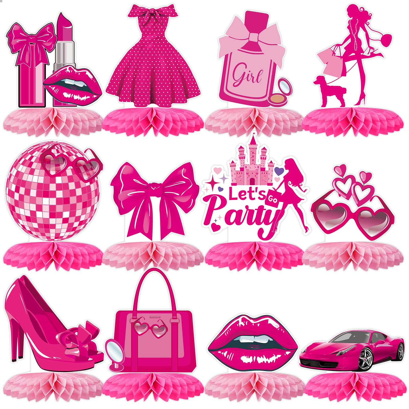 12 Pack Pink Girls Birthday Decorations Honeycomb Centepieces 3D Girl ...