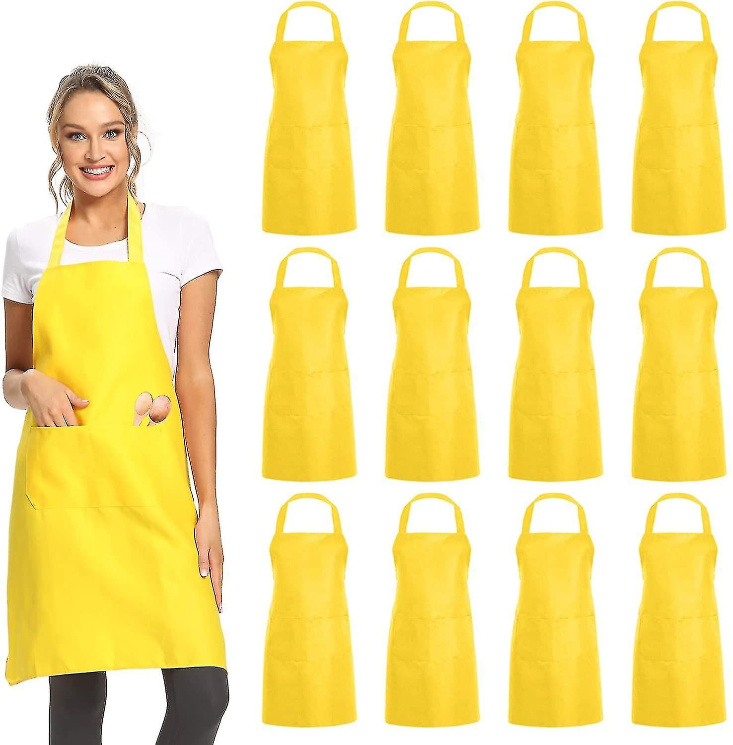 12 Pack Plain Bib Aprons With 2 Pockets - Yellow Unisex Commercial ...