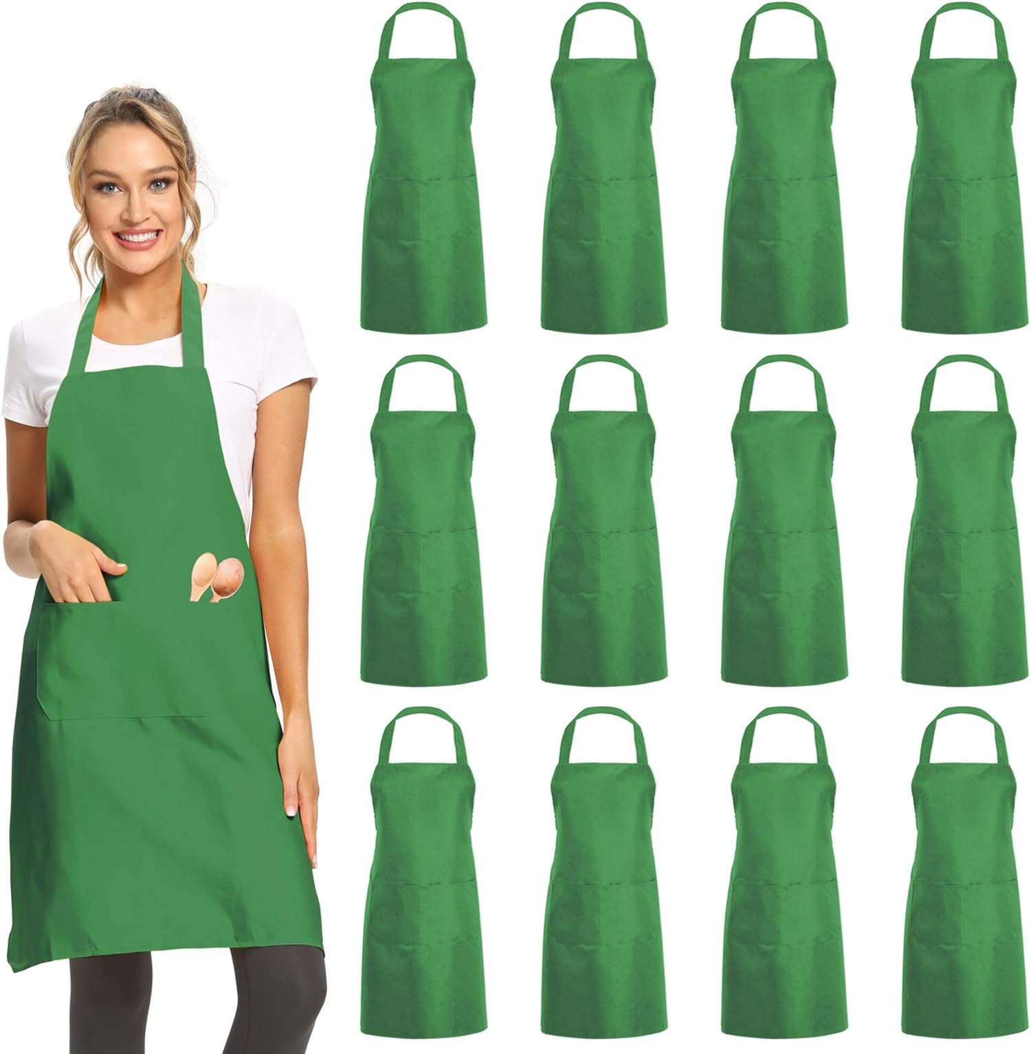 12 Pack Plain Bib Aprons with 2 Pockets - Green Unisex Commercial Apron ...