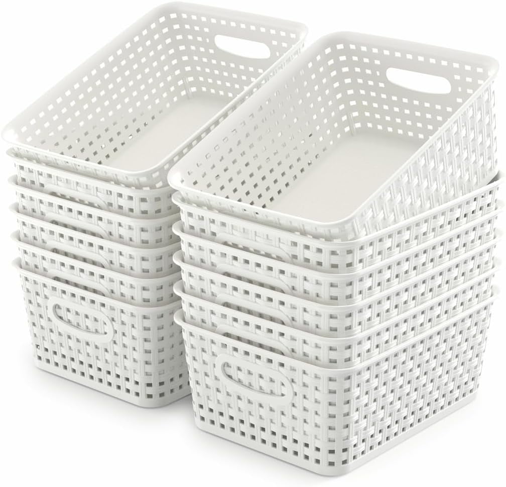 12-Pack Plastic Small Shelf Storage Weave Baskets for Organizing, White ...