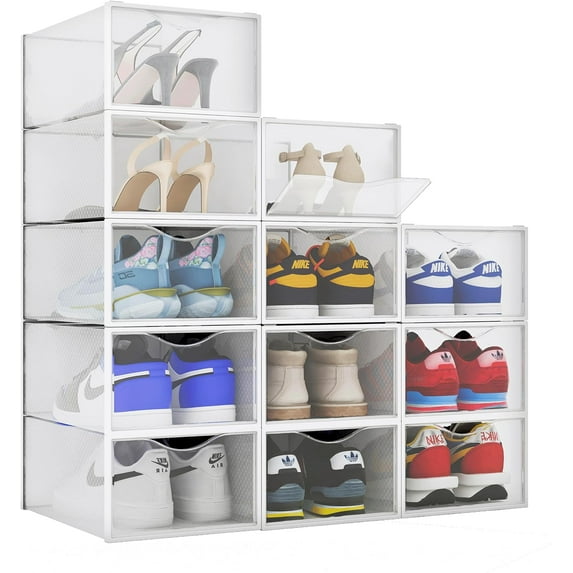 12-Pack Plastic Stackable Shoe Box Set - Clear | Foldable Shoe Storage ...