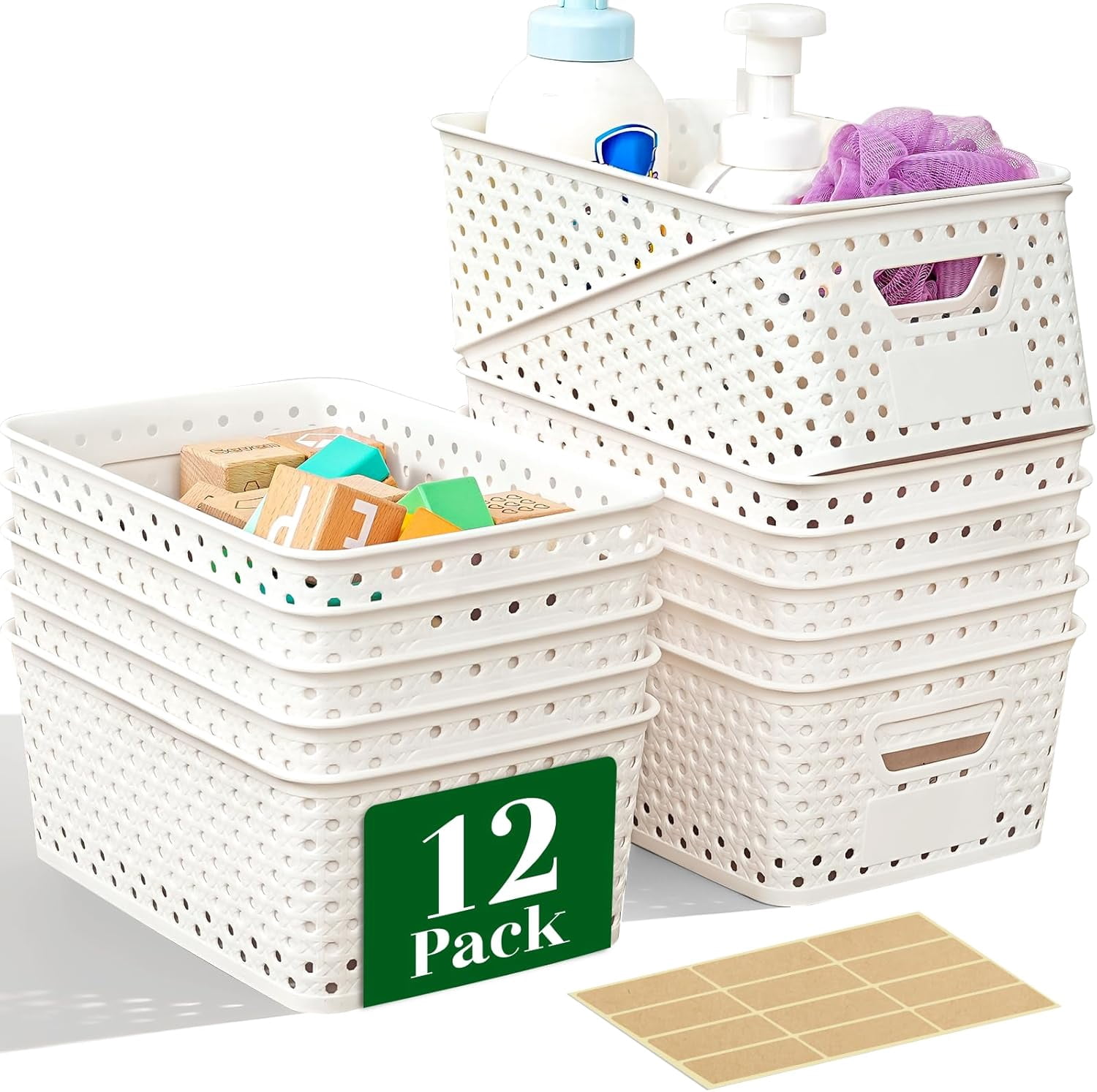 12 Pack Plastic Storage Baskets for Organizing, Shelves with Handles ...