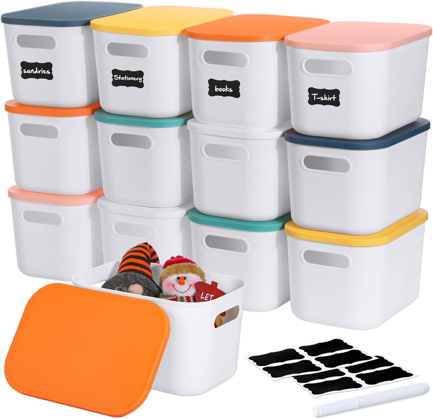 12 Pack Plastic Storage Bins with Lids and Handles Colorful Stackable ...