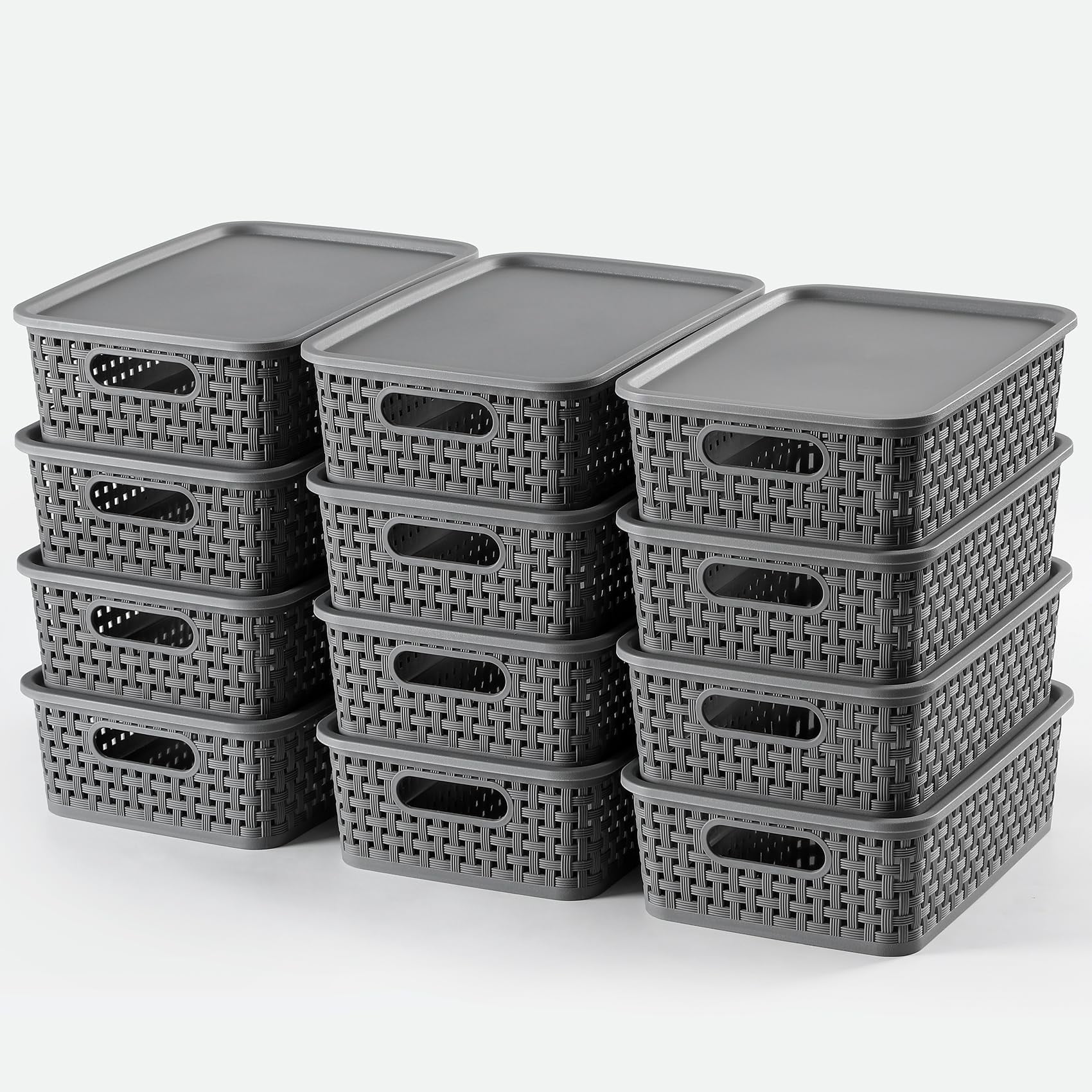 12 Pack Plastic Storage Bins with Lids, Small Woven Pantry Organizers ...