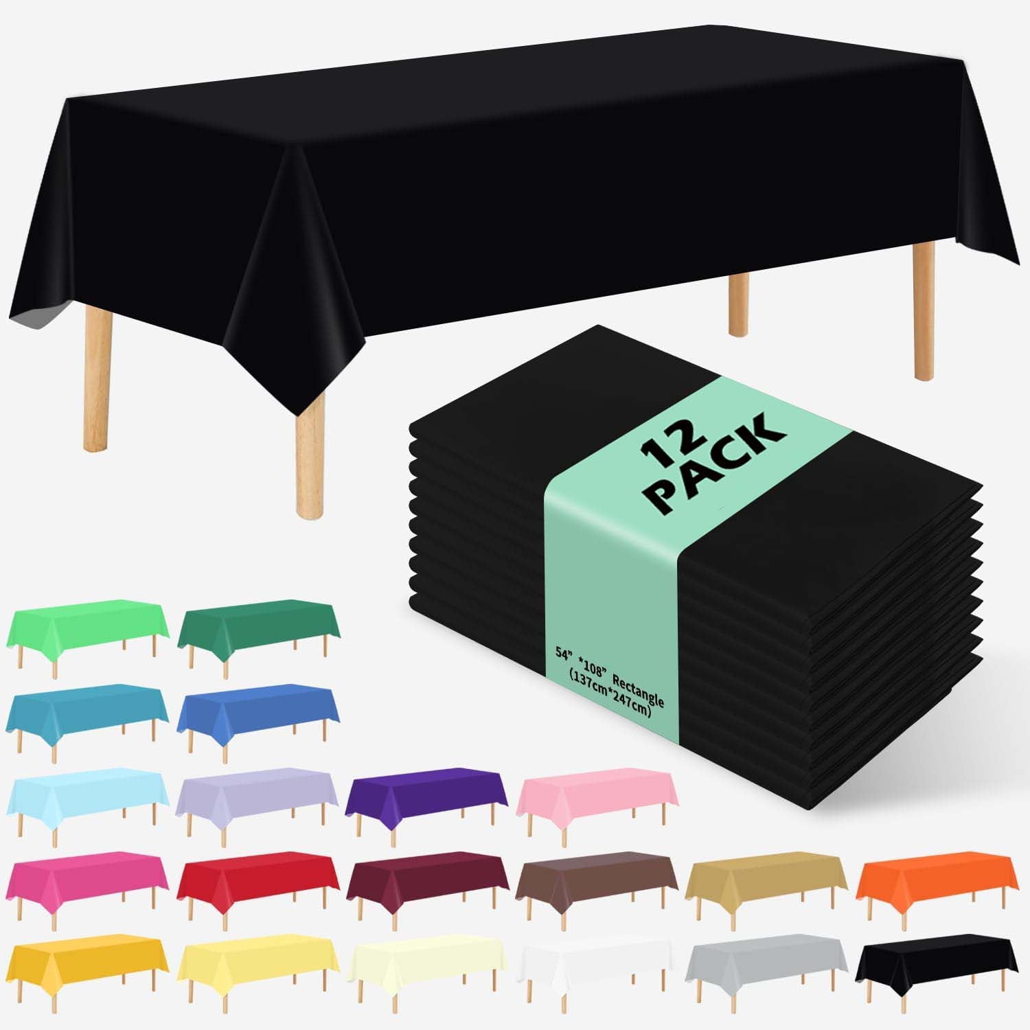 12 Pack Premium Disposable Plastic Tablecloth 54" X 108" Rectangle Table Cover for Birthdays ...
