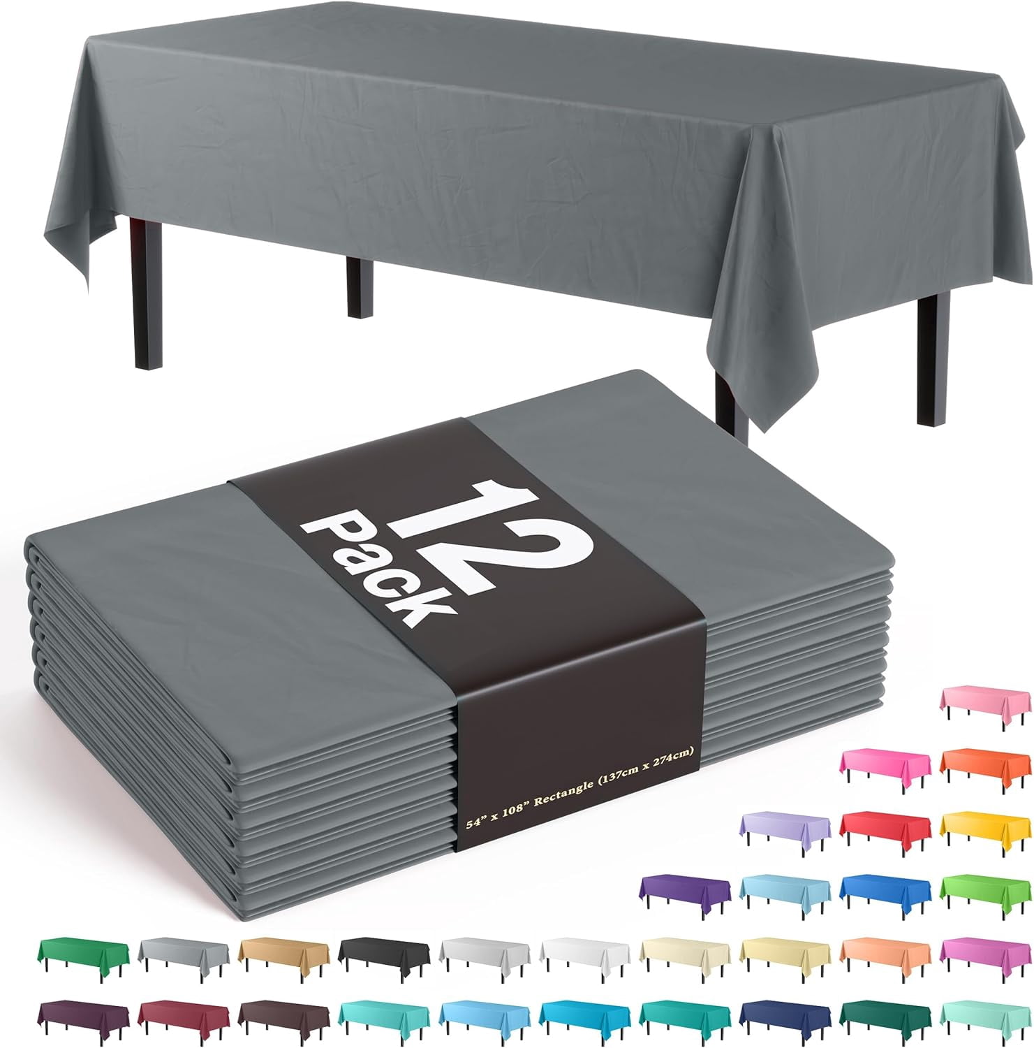 12-Pack Premium Plastic Disposable Tablecloth, 54 x 108 Inch Rectangle ...