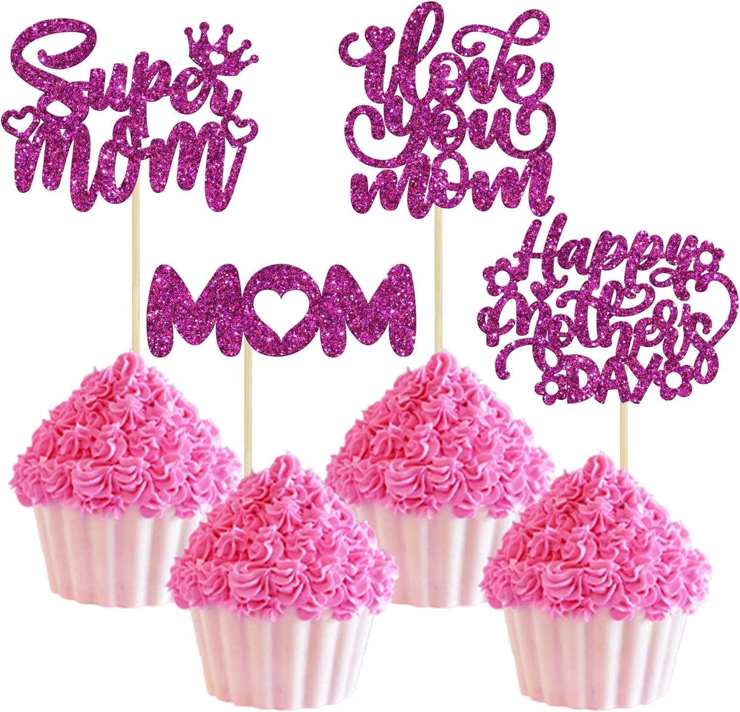 12 Pack Purple Glitter Mother's Day Cupcake Toppers, "Super Mom" & "I ...