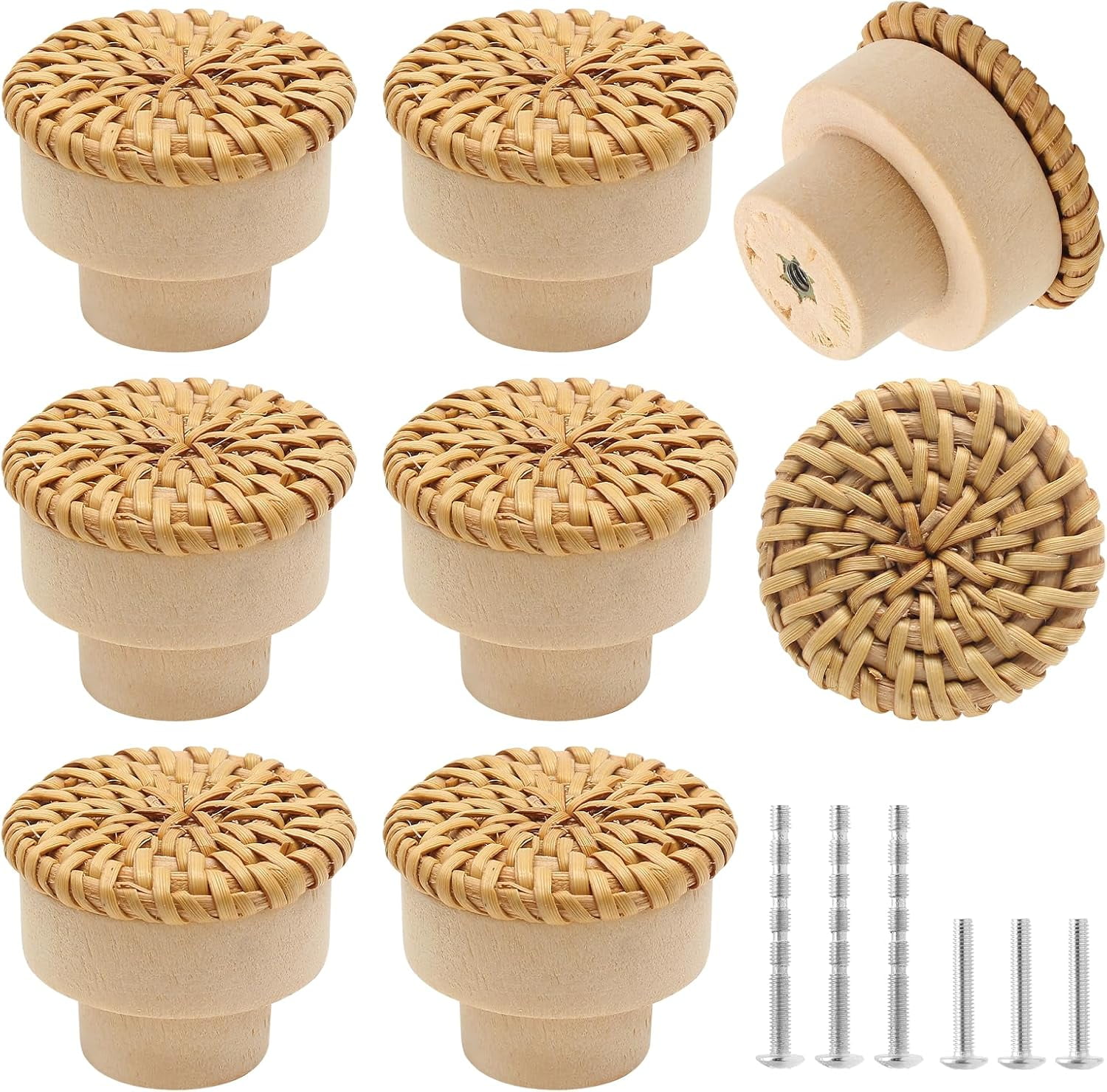 12 Pack Rattan Dresser Knobs Boho Cabinet Pulls, 1-1/2 Inch Dia Wicker ...