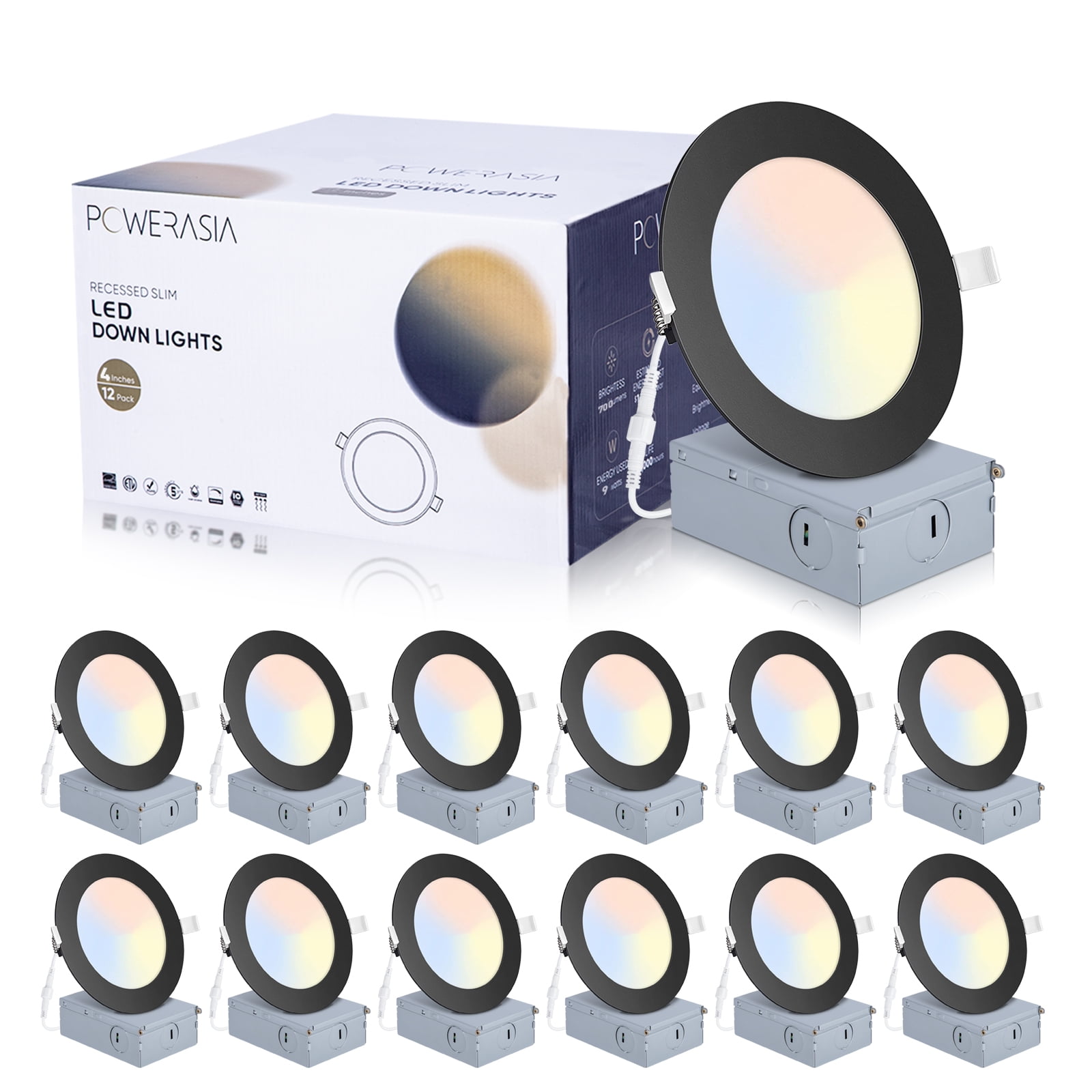 12 Pack Recessed Lighting 4 Inch with Junction Box, 5CCT 4 Inch Black ...