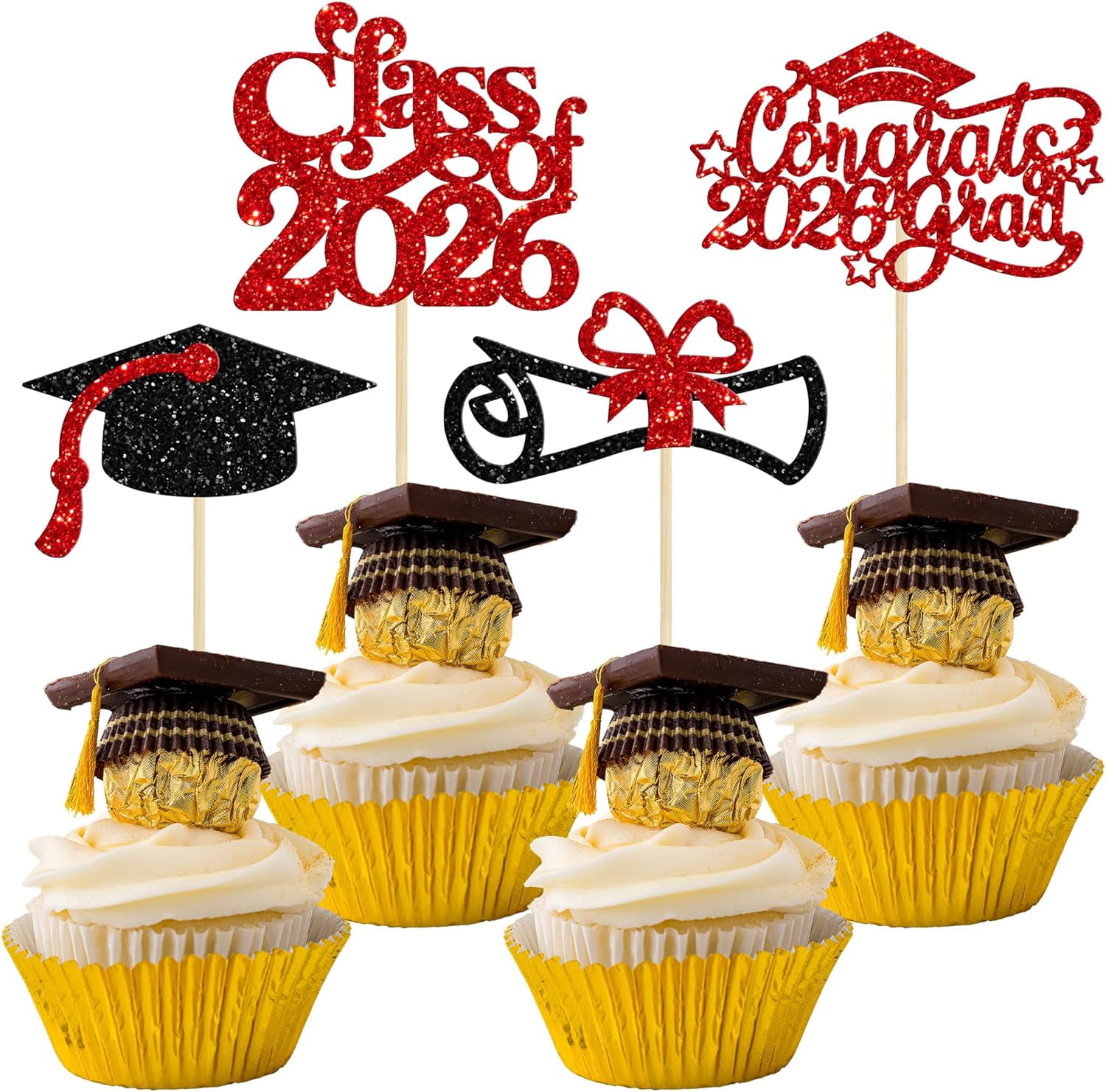 12 Pack Red & Black Glitter Class of 2026 Cupcake Toppers, Graduation ...
