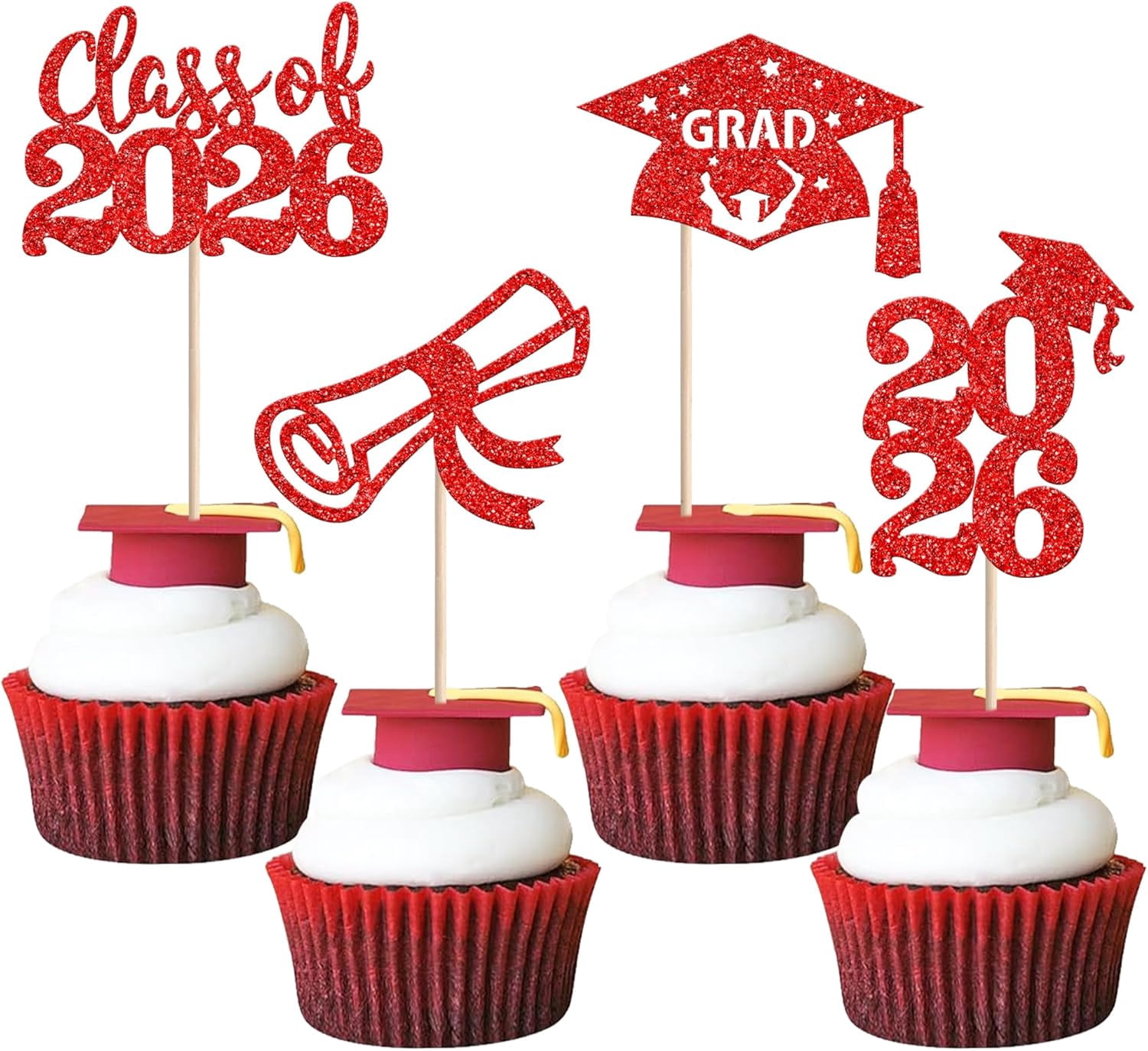12 Pack Red Glitter 2026 Graduation Cupcake Toppers, Class of 2026 ...