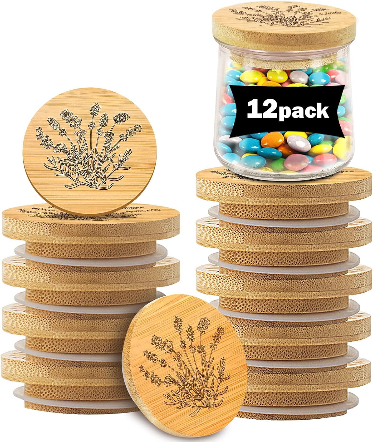 12 Pack Reusable Bamboo Wooden Lids with Silicone Sealing Rings Perfect ...