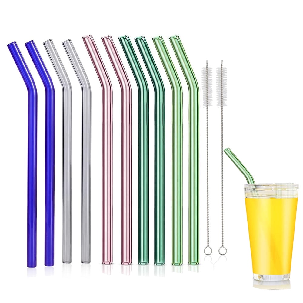12-Pack Reusable Glass Straw, Including10 Bent with 2 Cleaning Brush ...