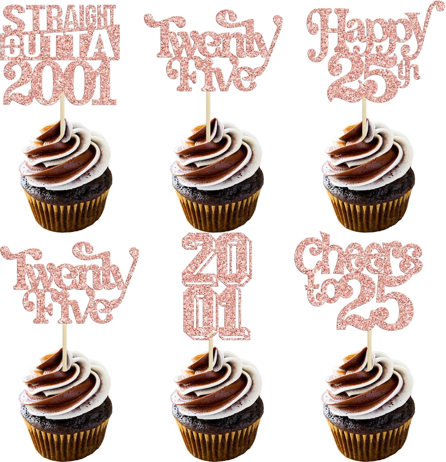 12 Pack Rose Gold Glitter 25th Birthday Cupcake Toppers, Party Picks ...