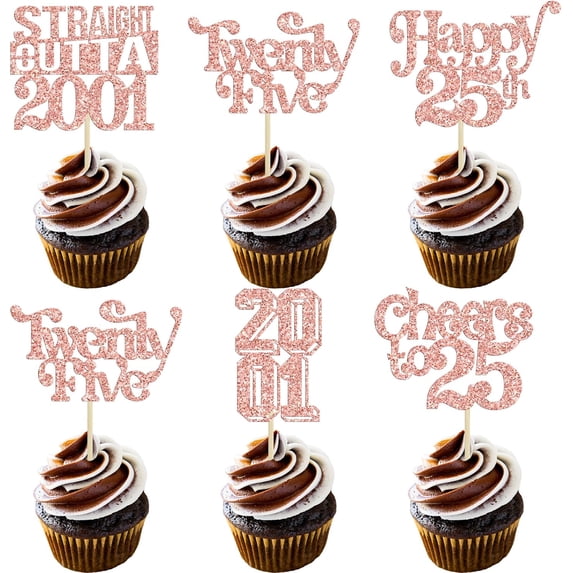 12 Pack Rose Gold Glitter 25th Birthday Cupcake Toppers, Party Picks ...