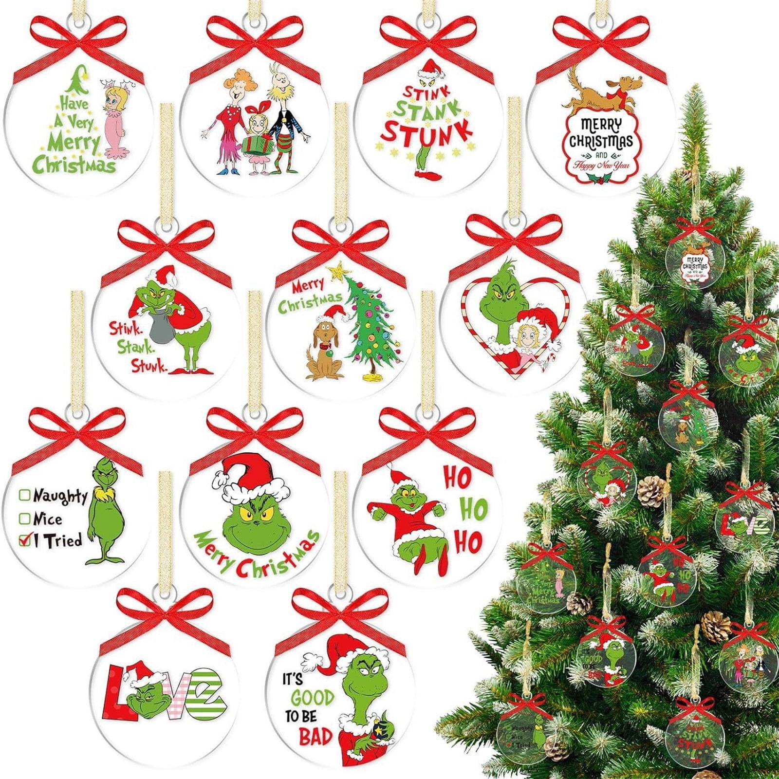 Gomind 12-Pack Round Clear Grinch Acrylic Christmas Ornaments - Grinch ...
