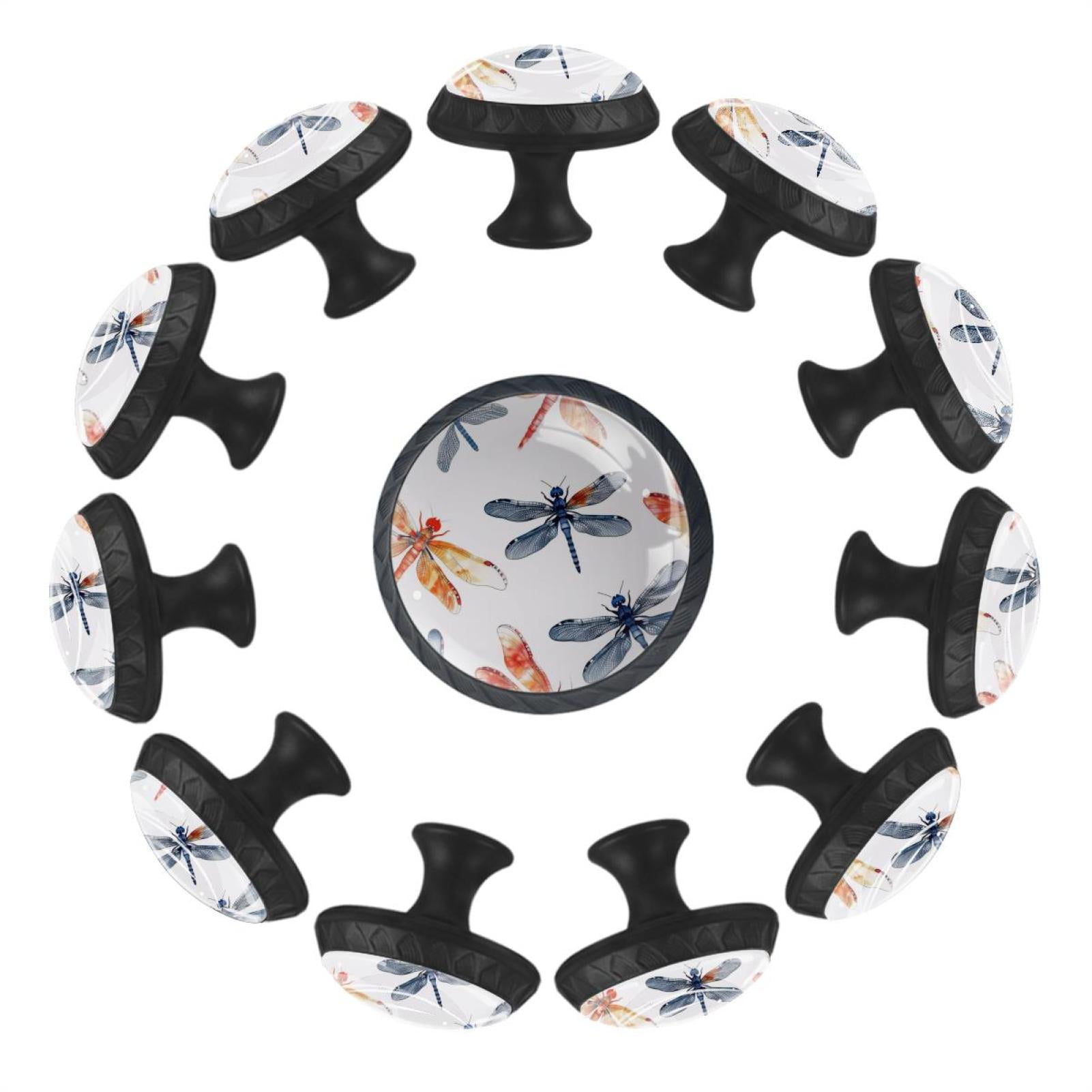 12 Pack Round Glass Drawer Knobs For Kitchen Cabinet With Screws, Cute Dragonflies Seamless ...