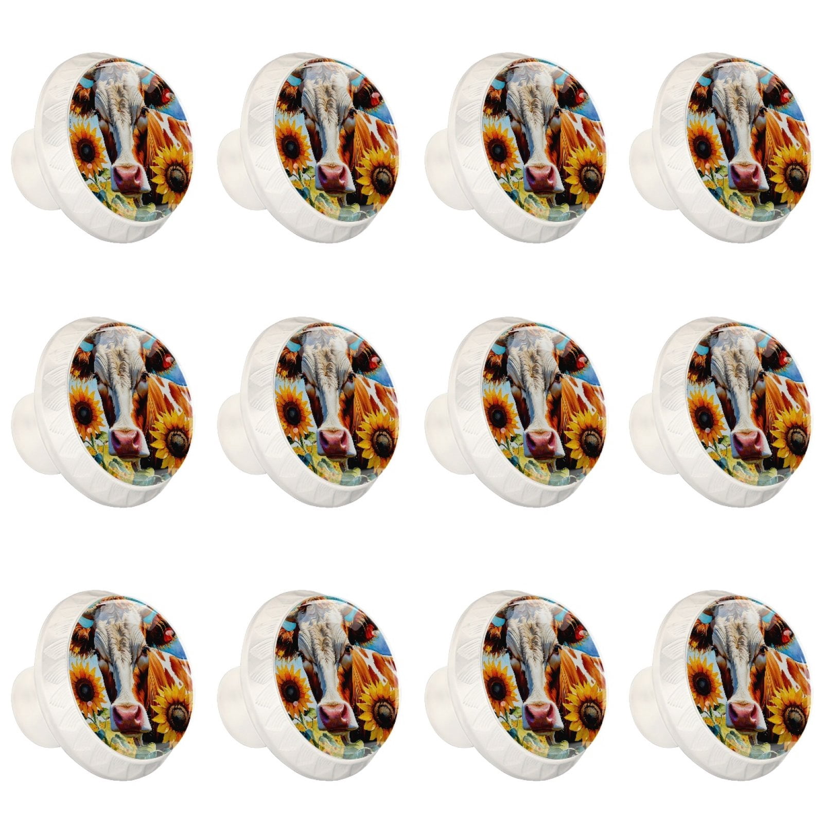 12 Pack Round Knobs Cow and Sunflower Pull Handle for Cabinet Cupboard ...