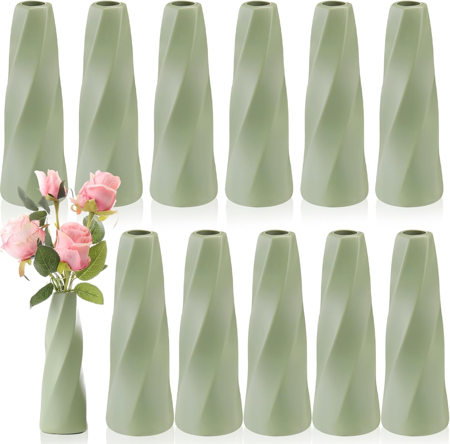 12 Pack Sage Green Plastic Flower Vases for Centerpieces Bulk, Composite Small Tall Conic Floral ...