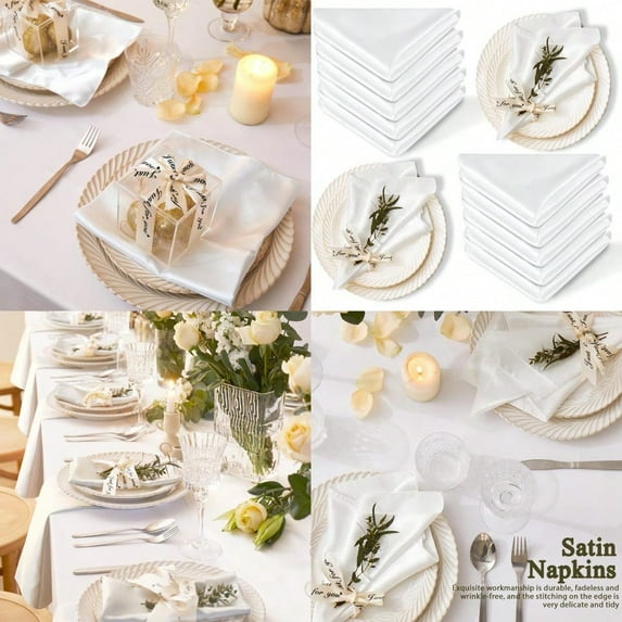 12 Pack Satin Table Cloth Napkins 17x17 Inch White Silky Wedding ...