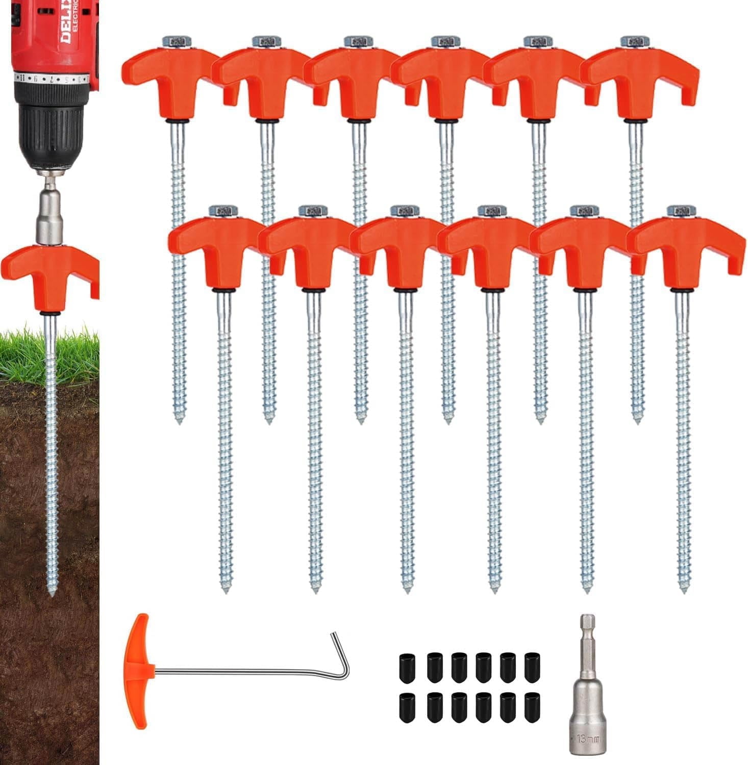 12 Pack Screw in Tent Stakes Heavy Duty,8 Inch Ground Anchors Screw in,Metal Stakes with Hex ...